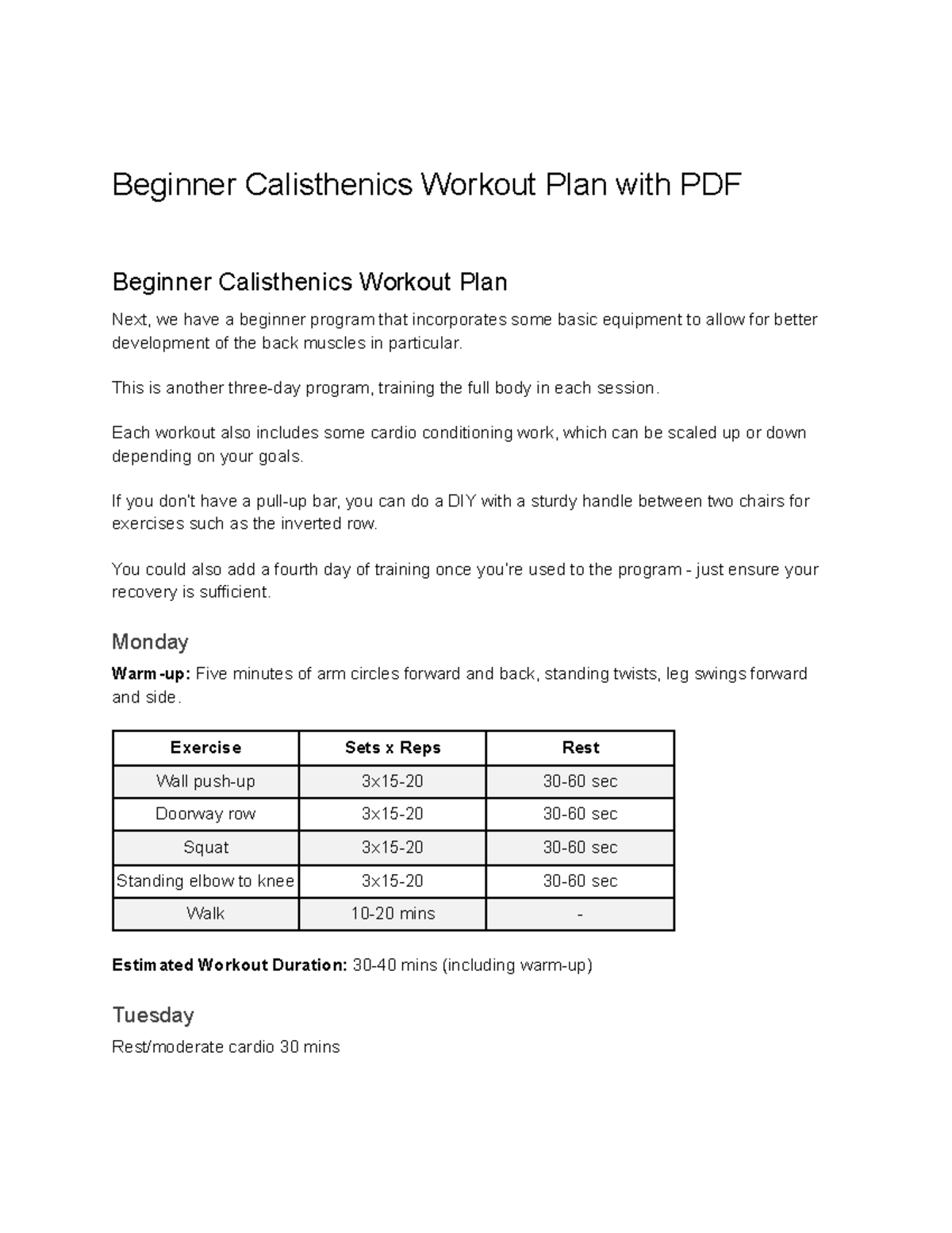 Beginner Calisthenics Workout Plan: Full Body Routine PDF - Studocu