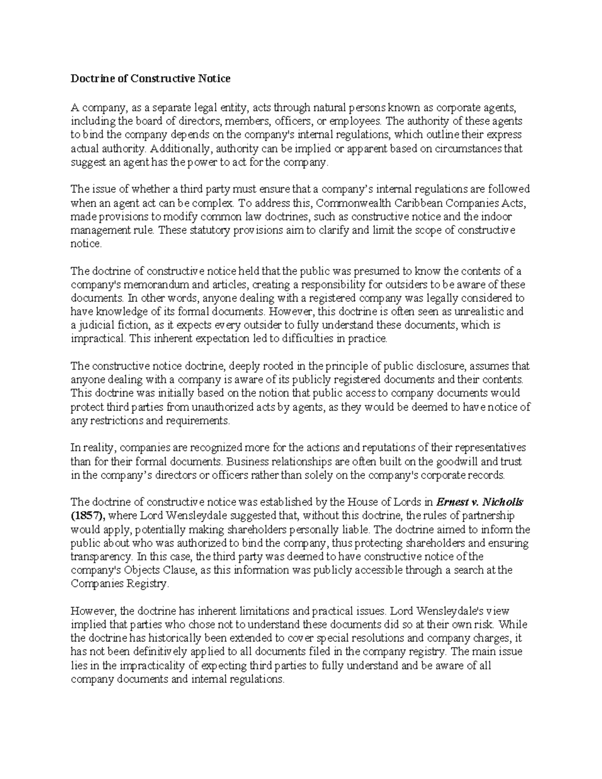 Doctrine of Constructive Notice & Indoor Management - Legal Insights ...