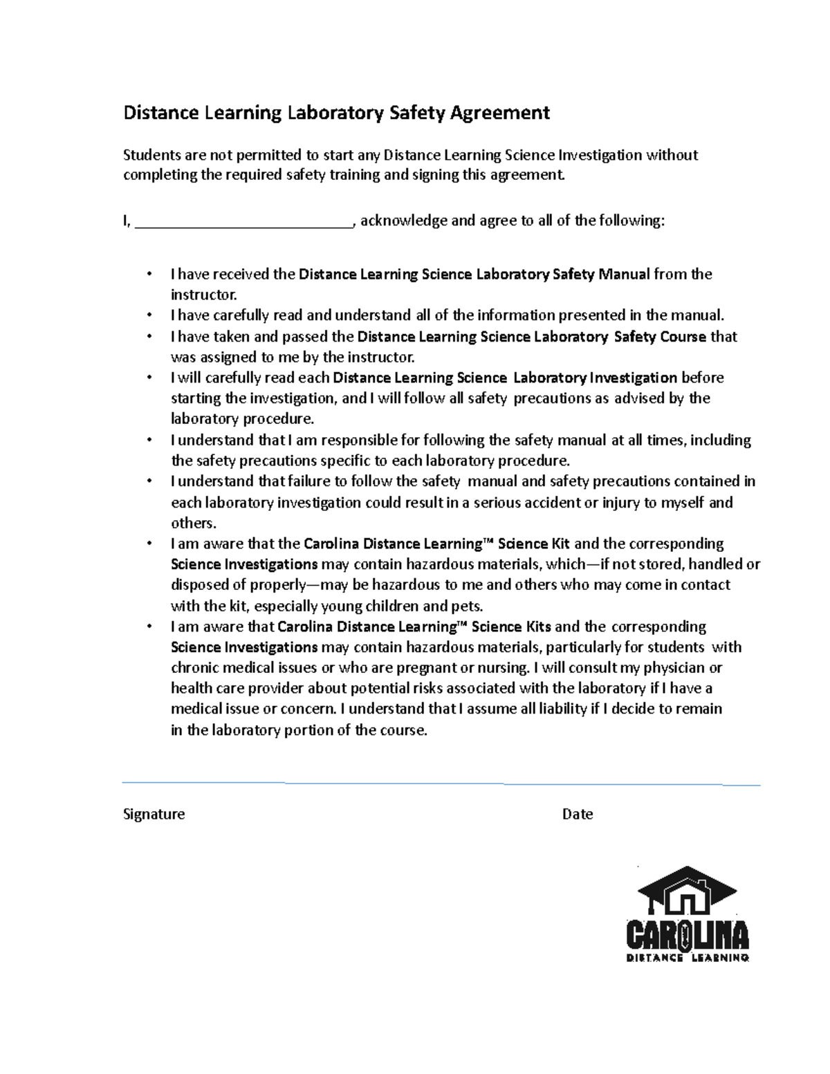 ENV 220 Distance Learning Laboratory Safety Agreement - Distance ...