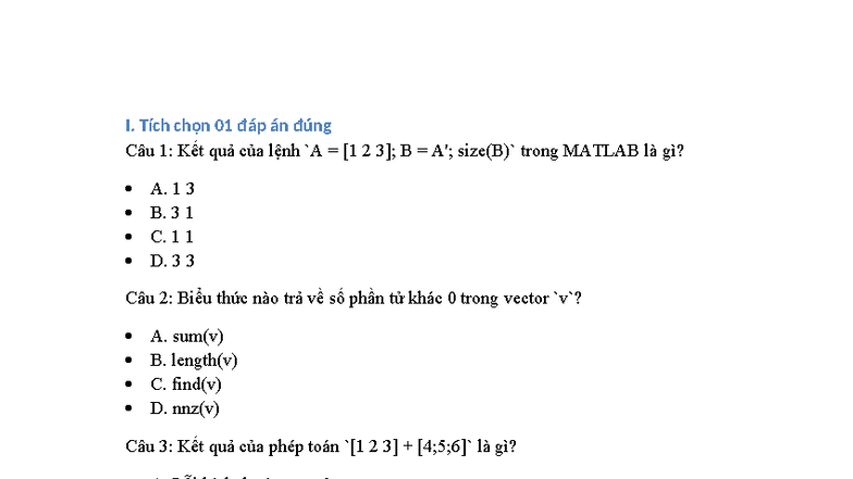 Đề Trắc Nghiệm MATLAB 2025-1: Câu Hỏi & Đáp Án - Studocu