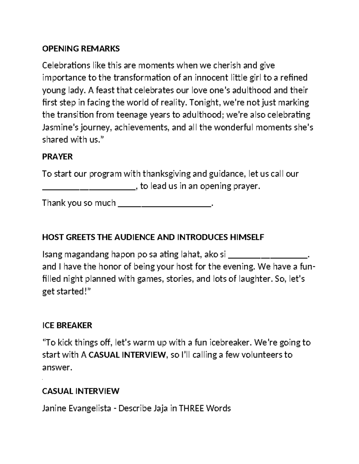 Debut Program Script: A Flow for Jasmine's 18th Birthday Celebration ...