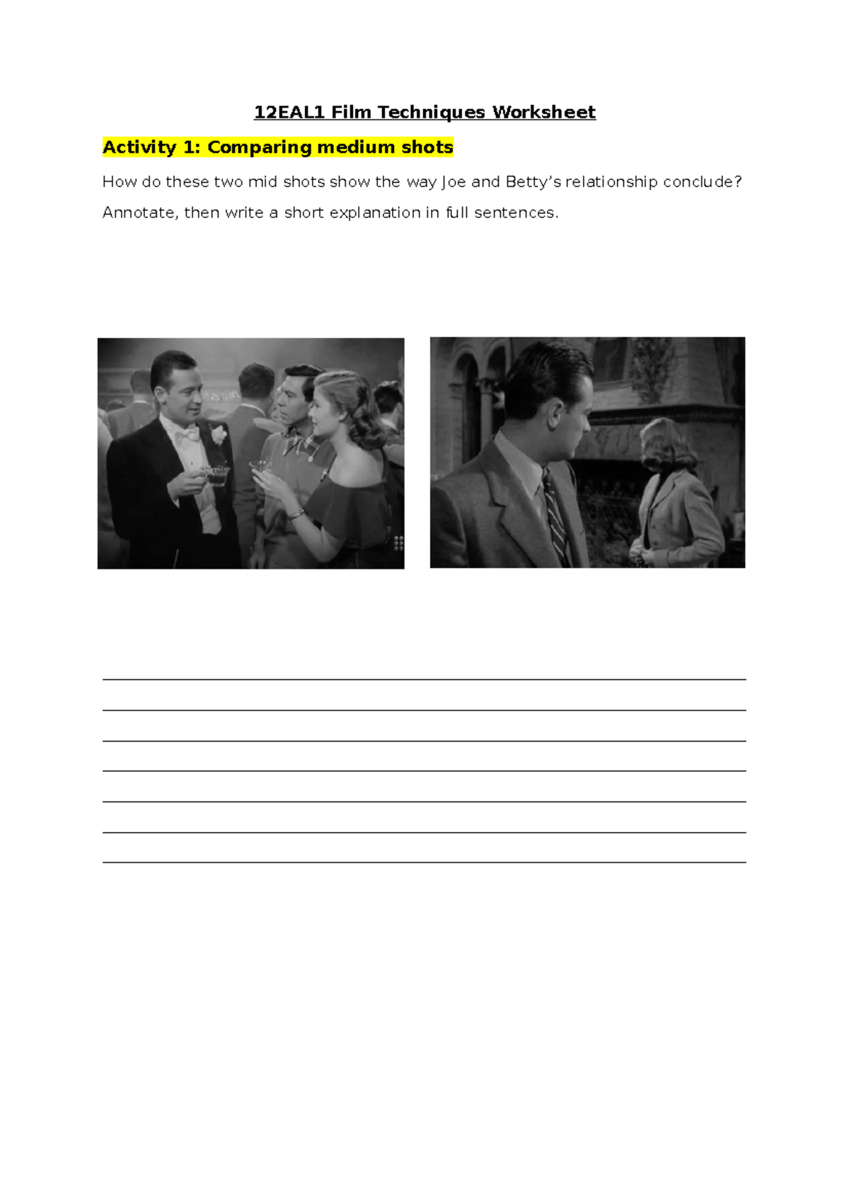 12EAL1 Film Techniques Worksheet: Analyzing Medium Shots and Crime ...