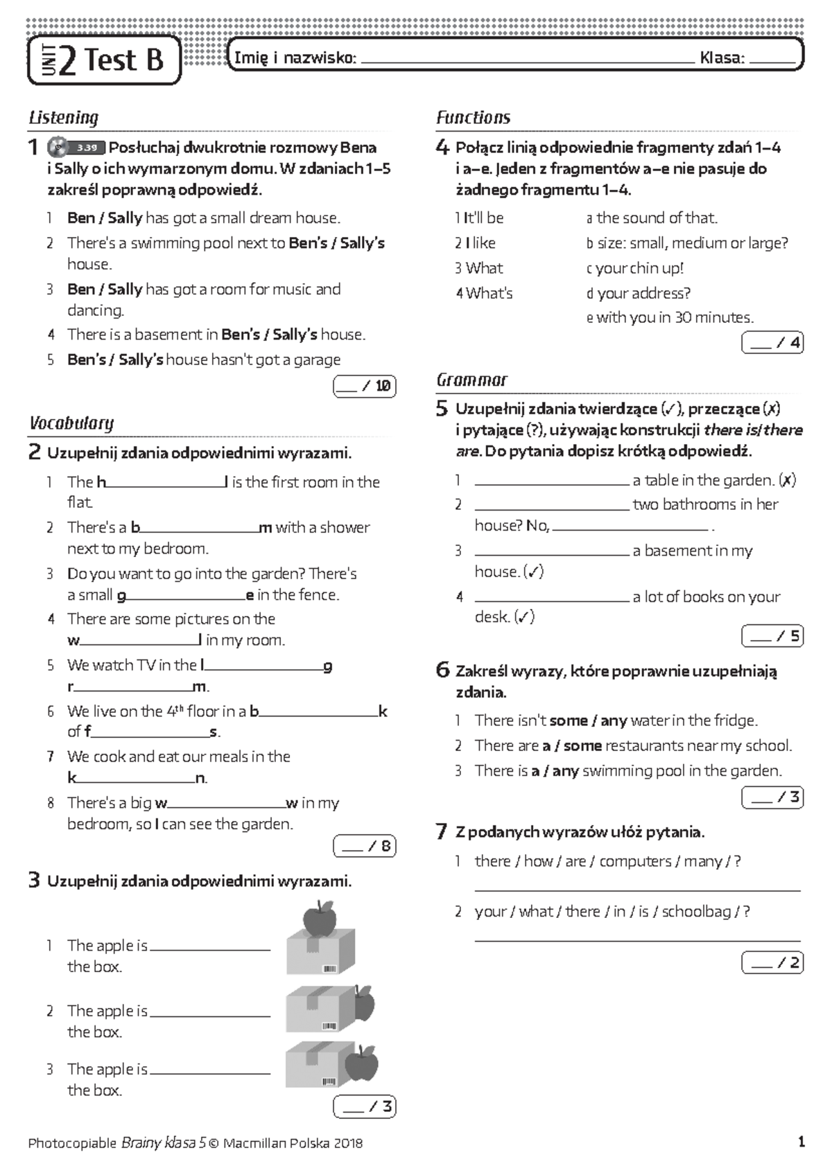 Alek obcy - Brainy kl5 Unit Test 2 B - UNIT 2 Test B Imię i nazwisko ...