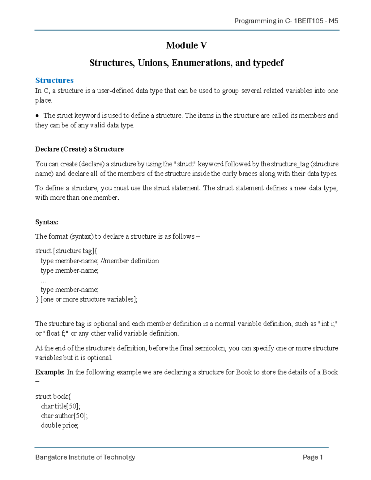 Programming in 1BEIT105 M5: Structures, Unions, and Enums in C - Studocu