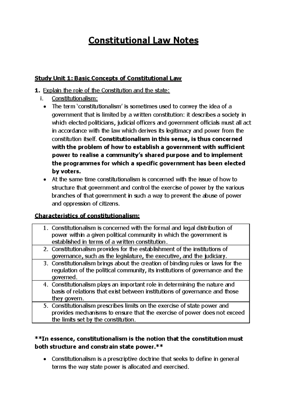 Constitutional Law Notes - Constitutional Law Notes Study Unit 1: Basic ...