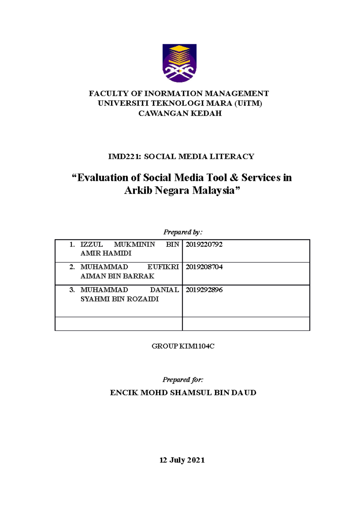 IMD 221 Assessment 3 - Group assignment 3 for reference - FACULTY OF ...