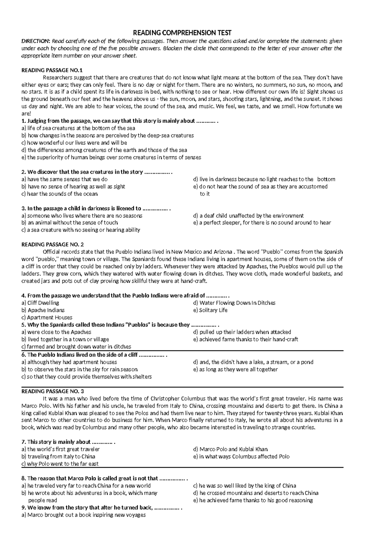 6th English Lecture: Reading Comprehension Test Passages and Questions ...
