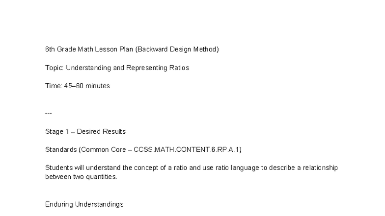 6th Grade Math Lesson Plan: Understanding Ratios (CCSS.MATH.6.RP.A.1 ...