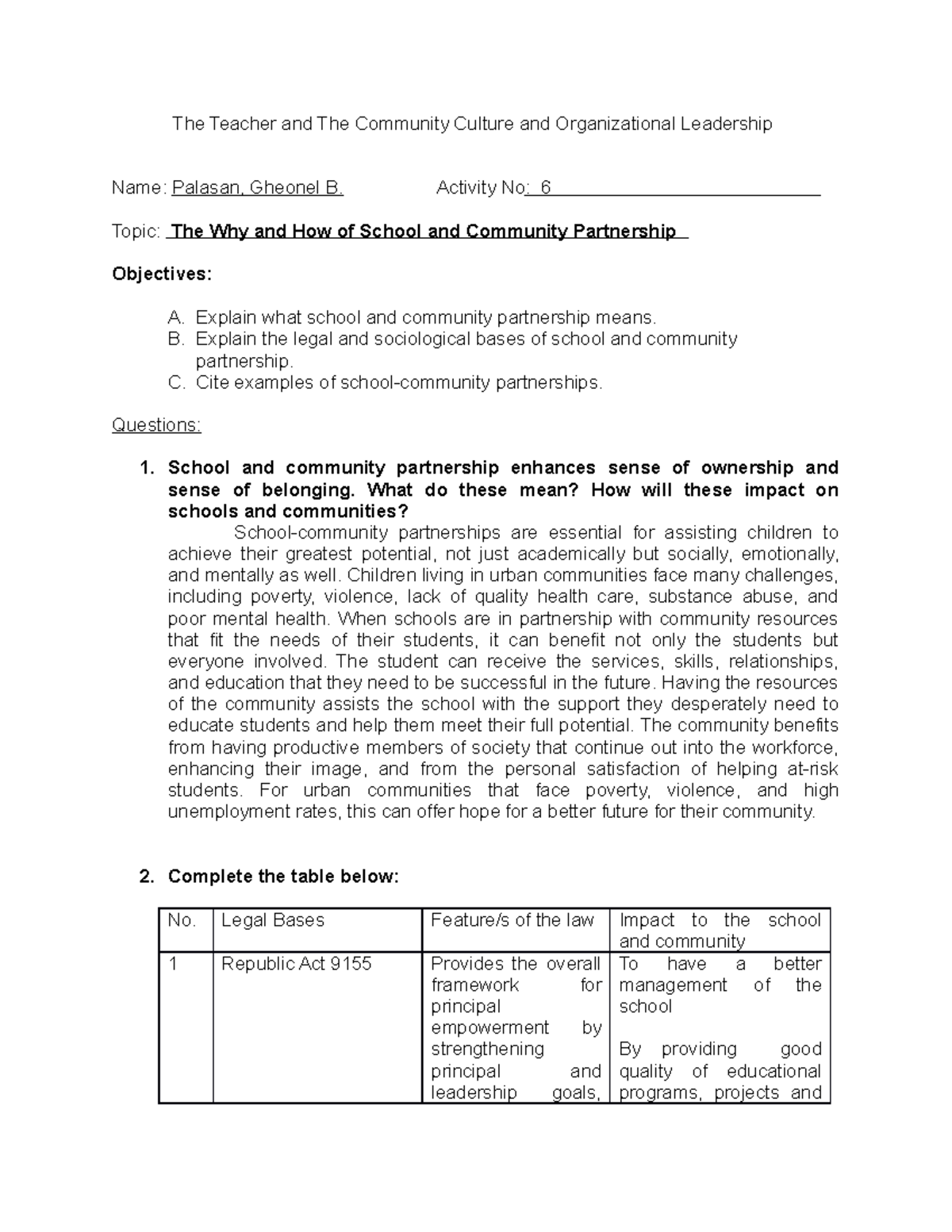 Worksheet - 6: School and Community Partnerships Explained - Studocu
