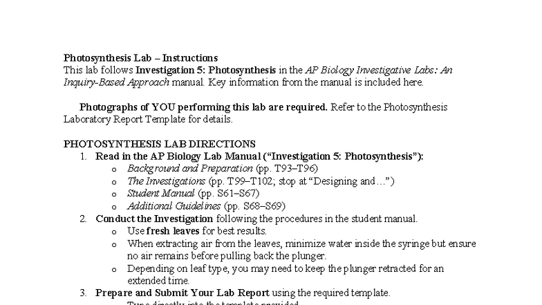 Photosynthesis Lab Instructions (AP Bio Lab 5) - Studocu