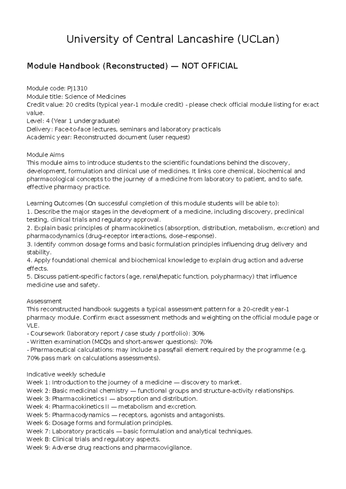 PJ1310 Science of Medicines Module Handbook (Reconstructed) - Studocu