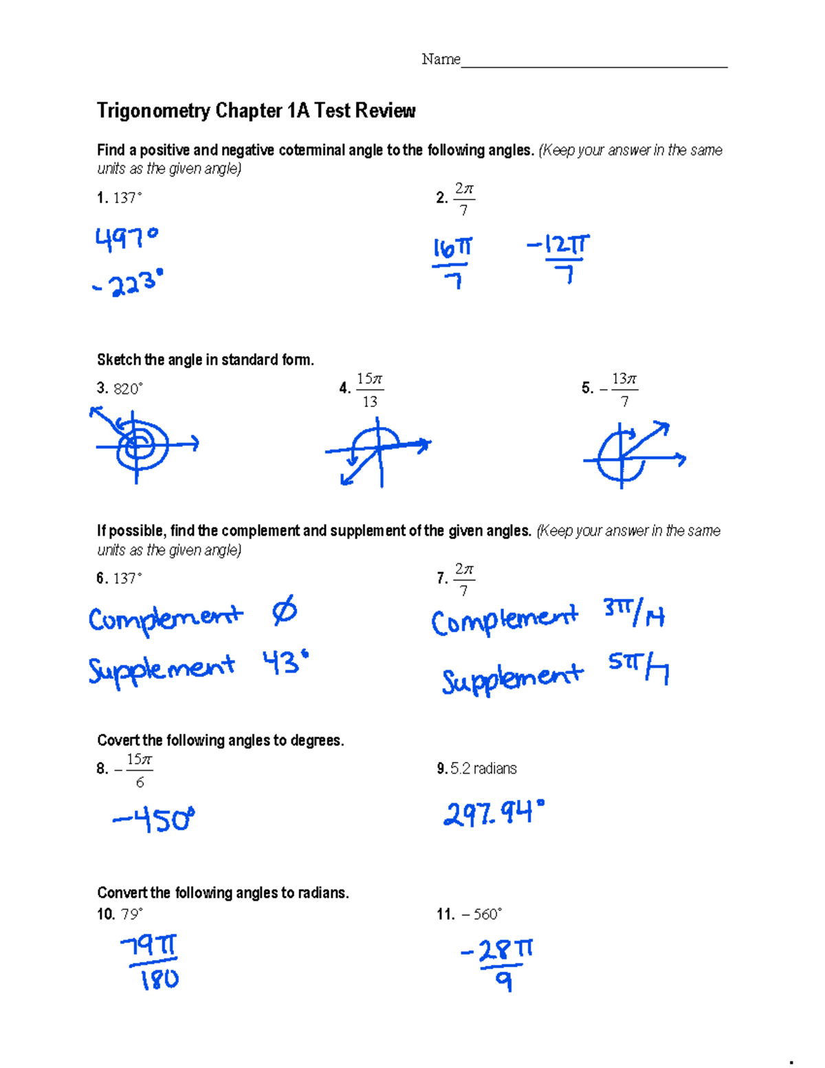 Trigonometry Test Review: Chapter 1A Concepts and Problems - Studocu