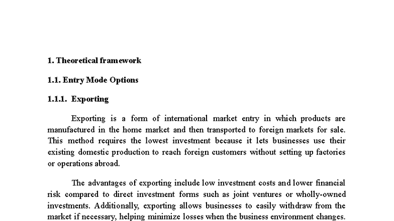 International Market Entry Modes: Theoretical Framework Analysis - Studocu