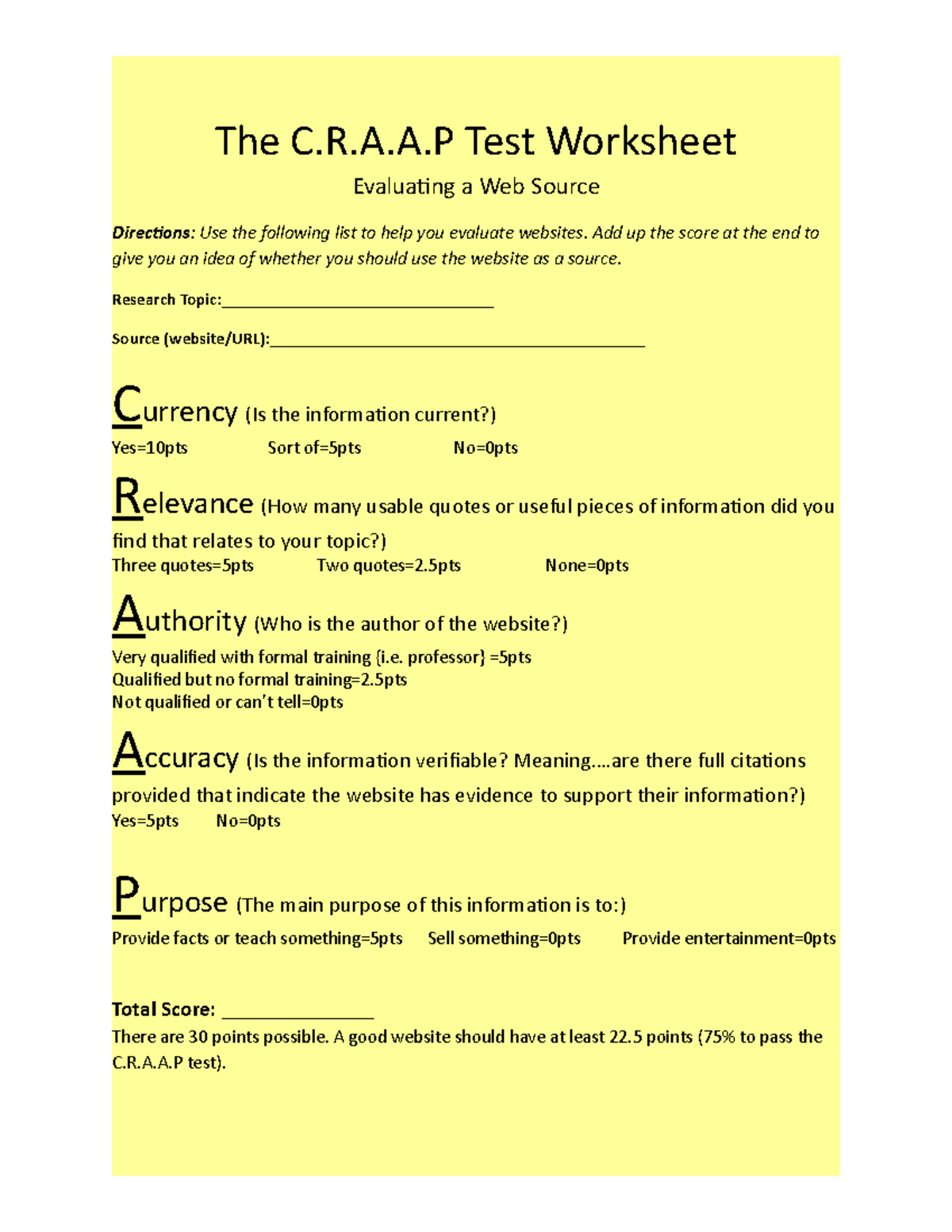 C.R.A.A.P Test Worksheet for Evaluating Web Sources - Studocu