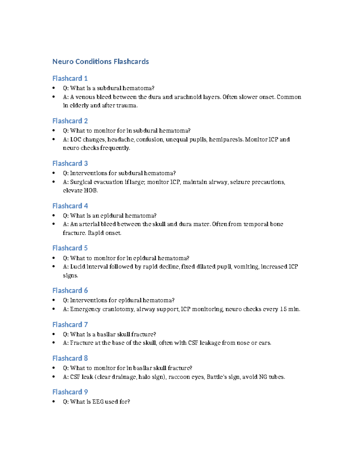 Neuro Conditions Flashcards for NURS 101 Exam Prep - Studocu