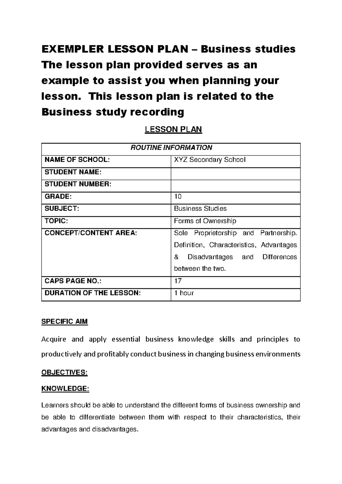 025912070 - Work - EXEMPLER LESSON PLAN – Business studies The lesson ...