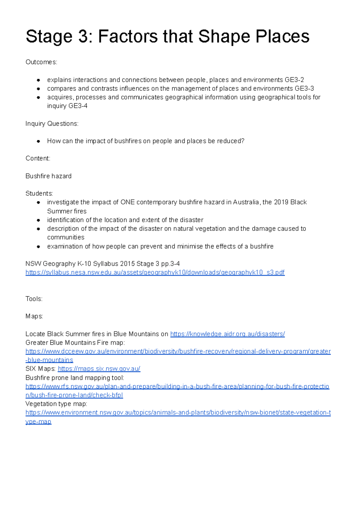 Inquiry Lesson Plan Stage 3 Geography: Understanding Bushfire Impacts ...