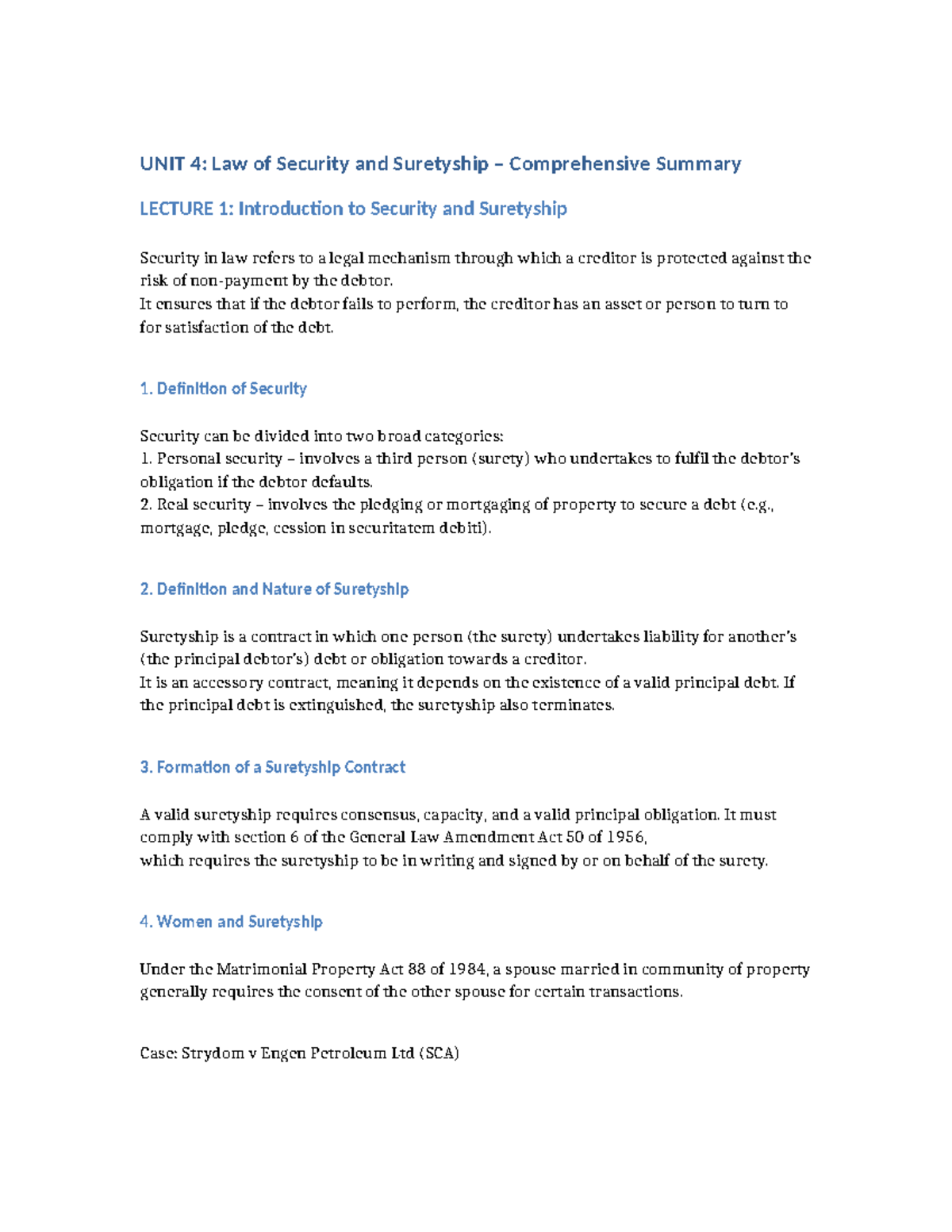 UNIT 4: Law of Security and Suretyship Comprehensive Summary LECTURE 1 ...