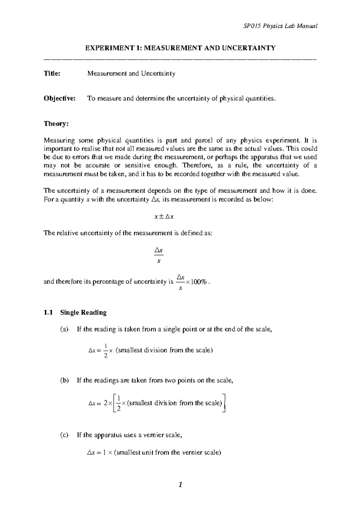 SP015 Lab Manual: Experiment 1 - Measurement & Uncertainty Techniques - Studocu