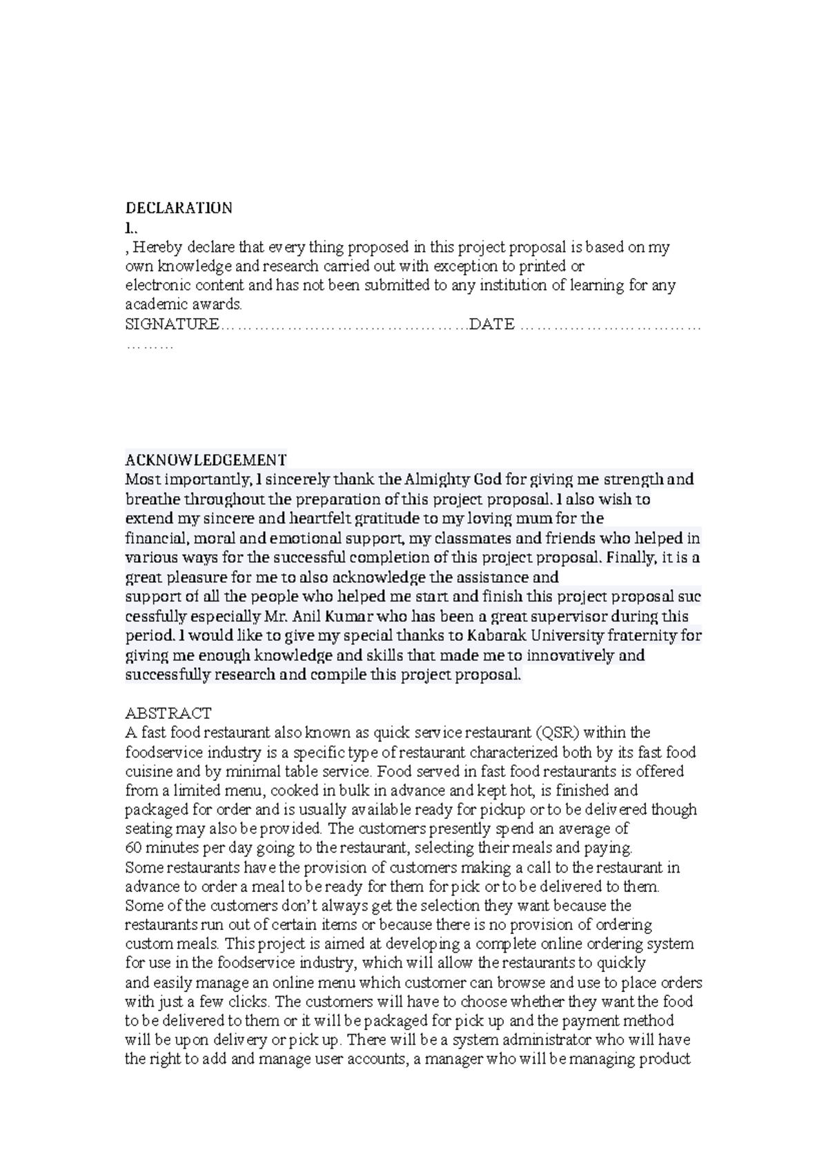 Food ordering system propasal - DECLARATION I.. , Hereby declare that ...