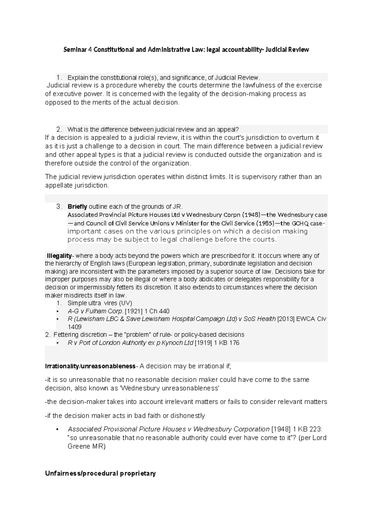 Seminar 4: Judicial Review in Constitutional & Administrative Law - Studocu