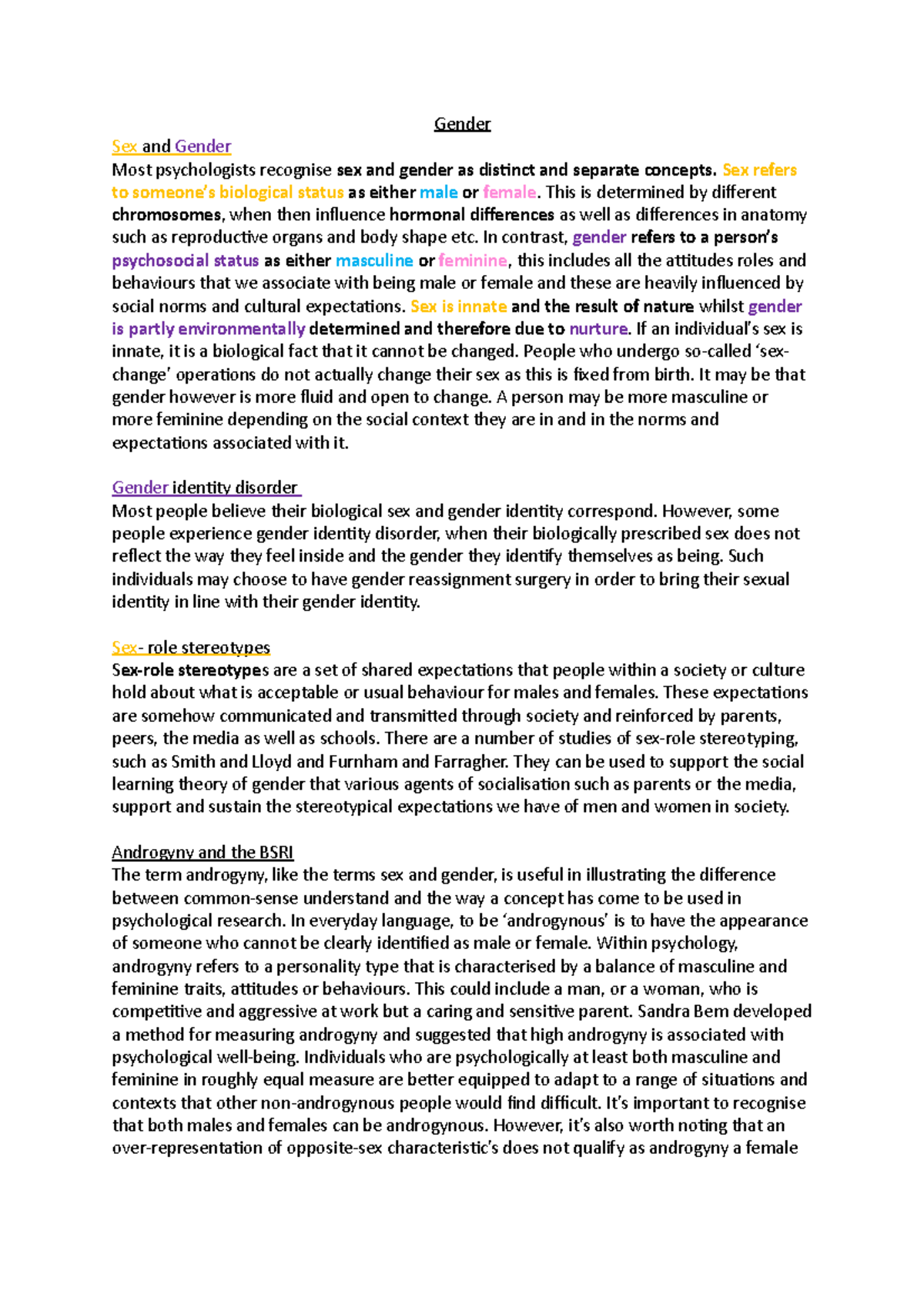 A-Level Psychology: Gender Identity and Development Notes - Studocu