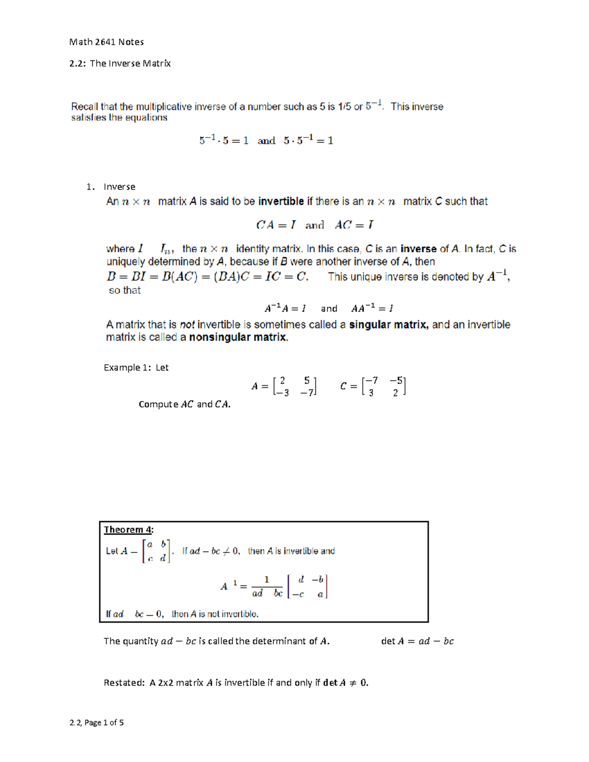 Math 2641 Final Exam Notes: Inverses of Matrices & Concepts (2.2) - Studocu