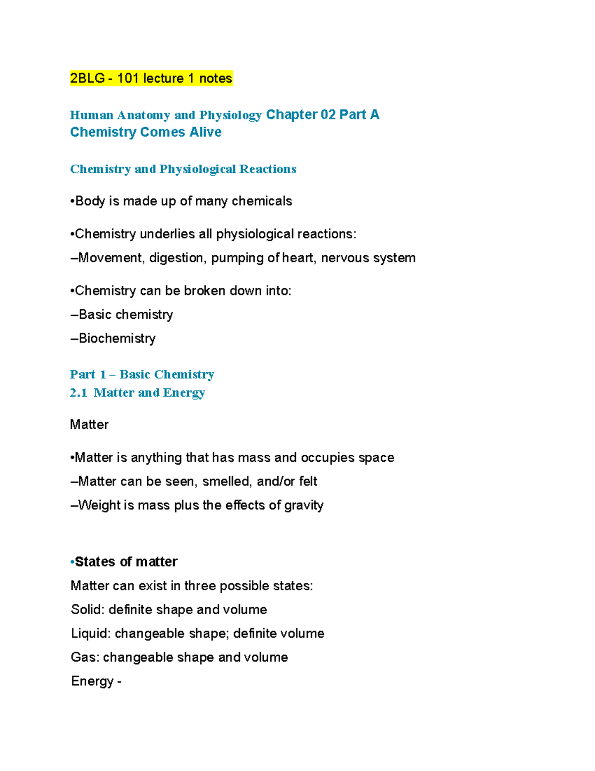 2BLG 101 Lecture 1 Notes: Human Anatomy & Physiology - Chemistry ...