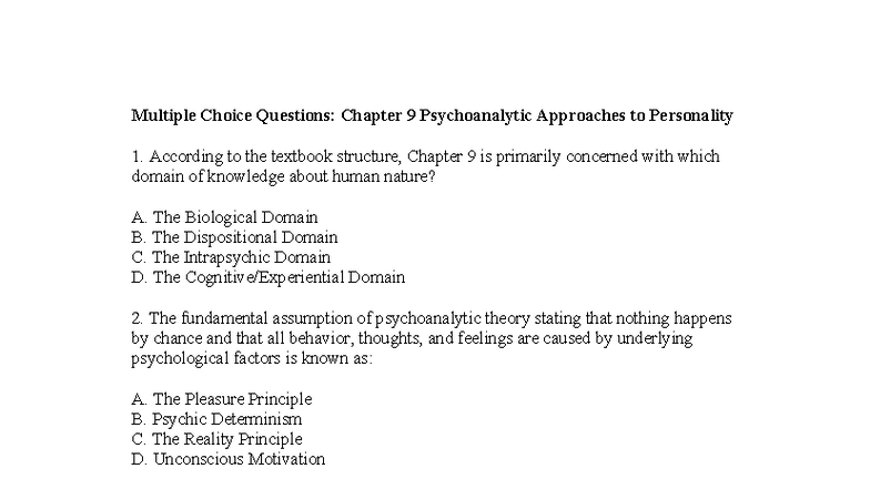 Personality Exam Prep: MCQs on Psychoanalytic Approaches (Chapters 9-12 ...