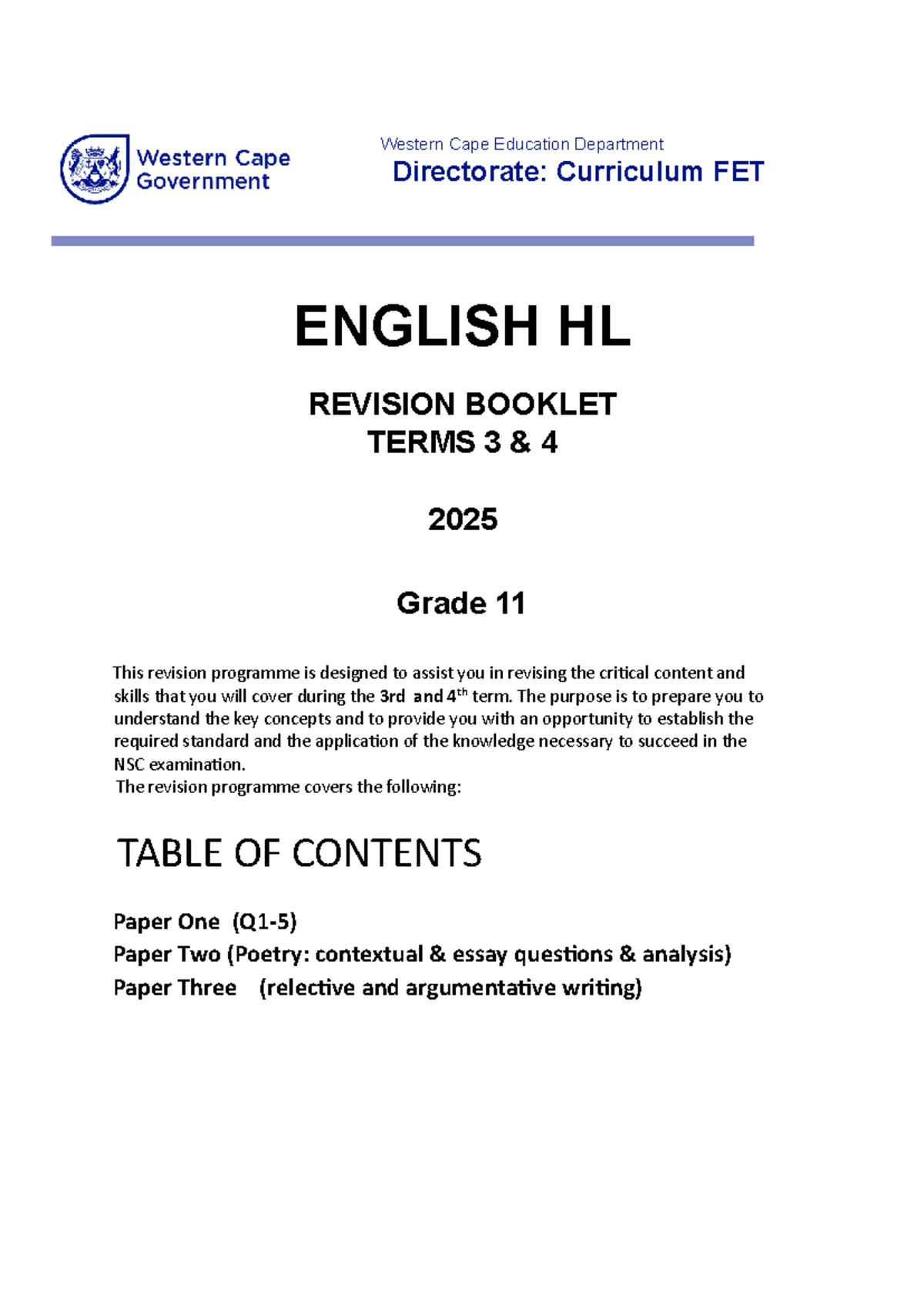 Grade 11 HL English Revision Booklet for Terms 3 & 4 2025 - Studocu