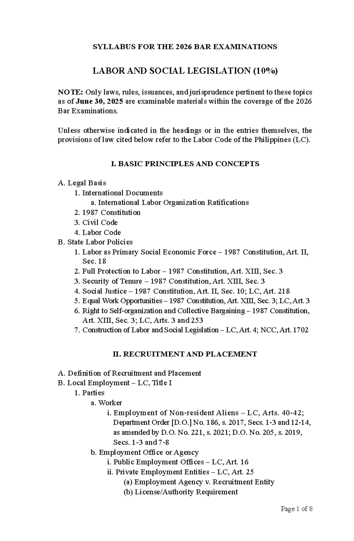 2026 Bar Exam Syllabus: Labor and Social Legislation Overview - Studocu