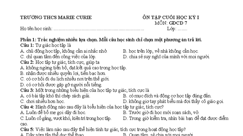 GDCD 7 ÔN TẬP CUỐI HỌC KỲ I NĂM HỌC 2025-2026 - Studocu
