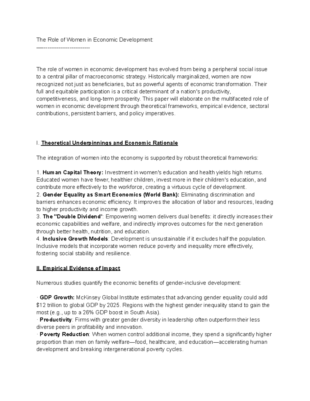 The Role of Women in Economic Development: Insights and Impacts - Studocu