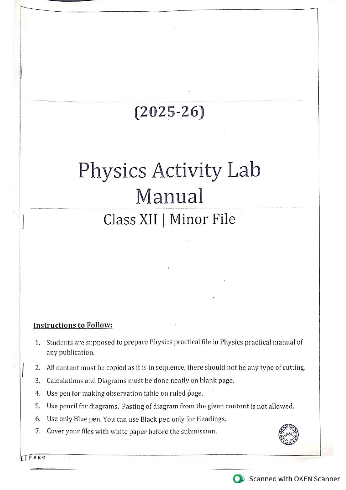 Physics Practical Minor File Class XII - Lab Activities 2025-26 - Studocu