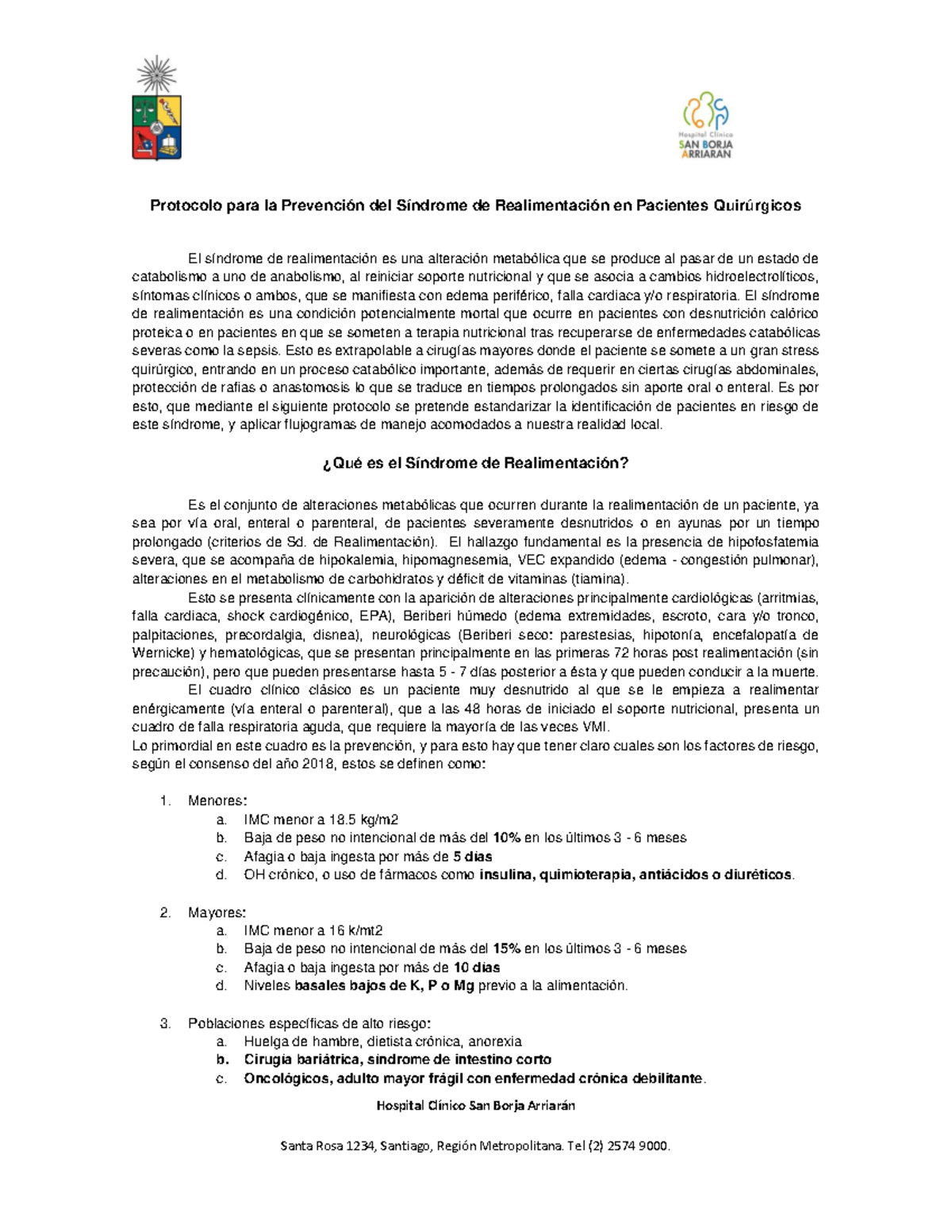 Protocolo para la Prevención del Síndrome de Realimentación HCSBA - Studocu