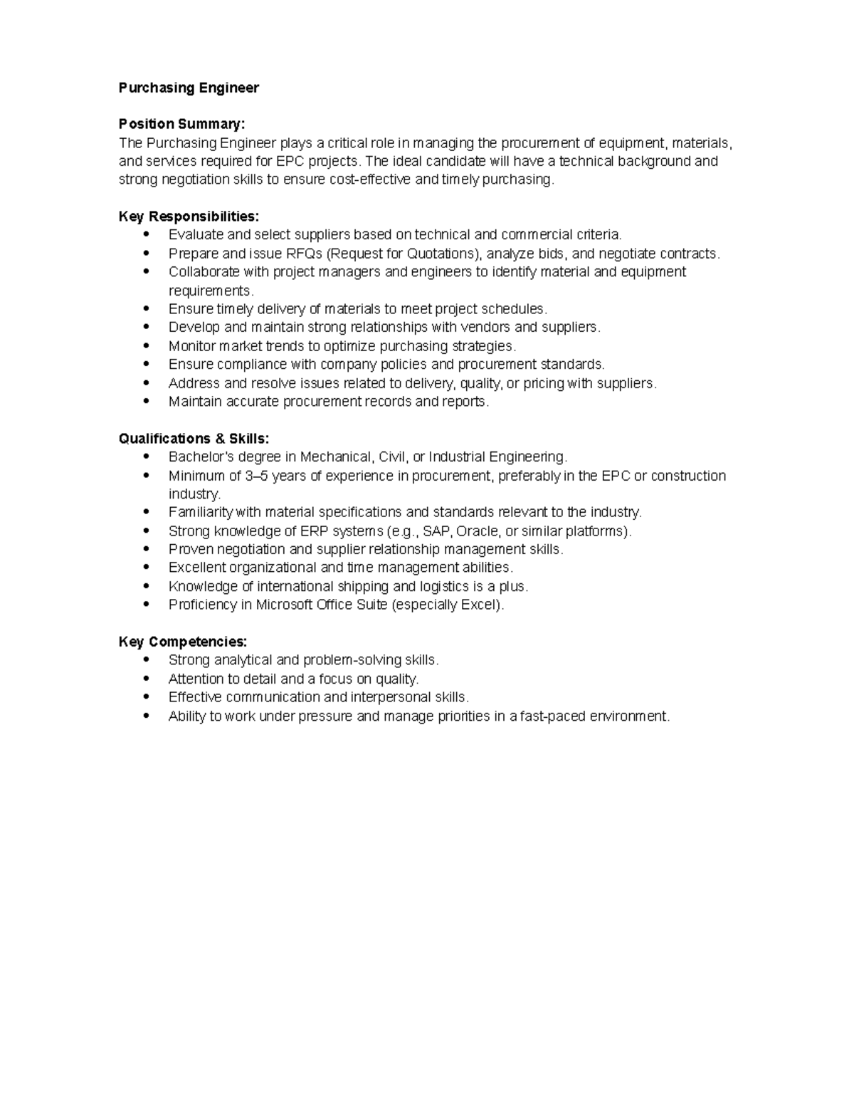 Purchasing Engineer Position Summary for EPC Projects - Studocu