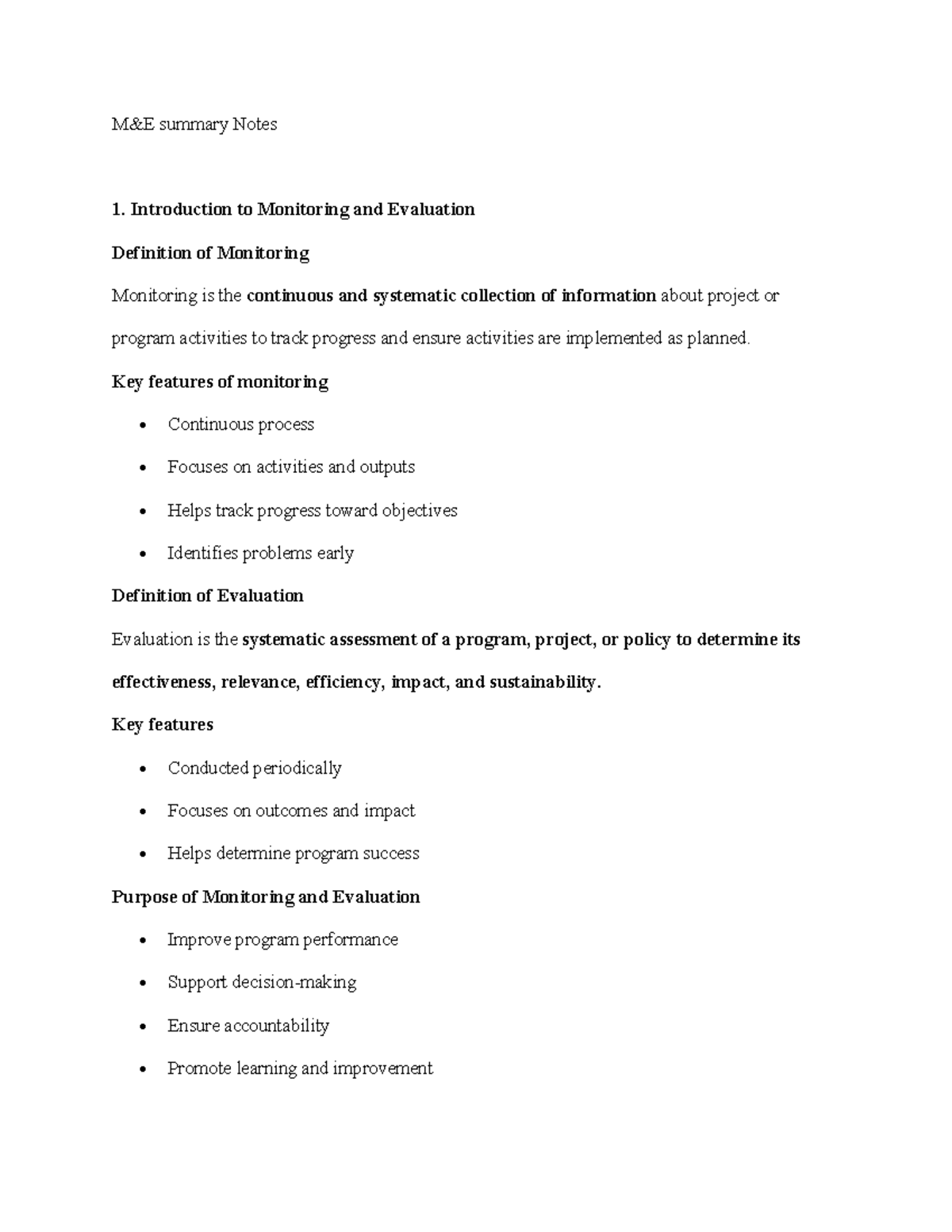 M&E Summary Notes: Introduction to Monitoring and Evaluation - Studocu