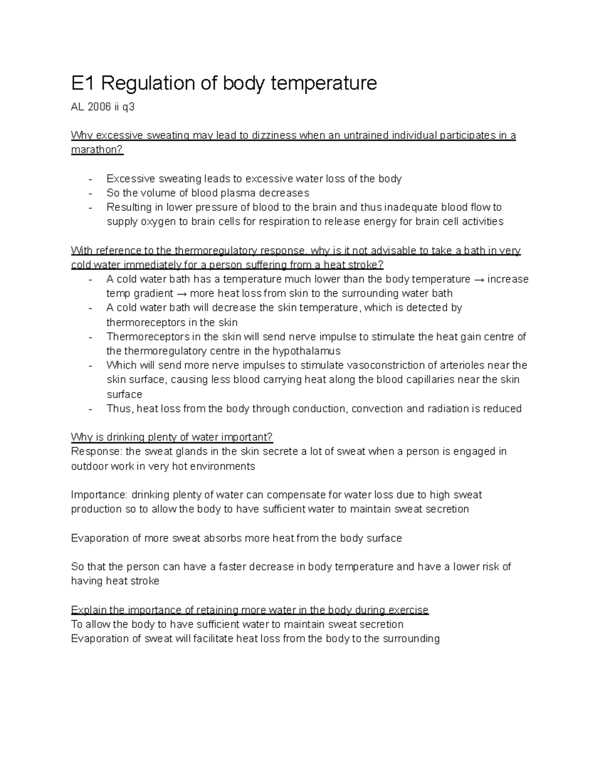 E1 Biology Notes: Regulation of Body Temperature and Exercise Effects ...
