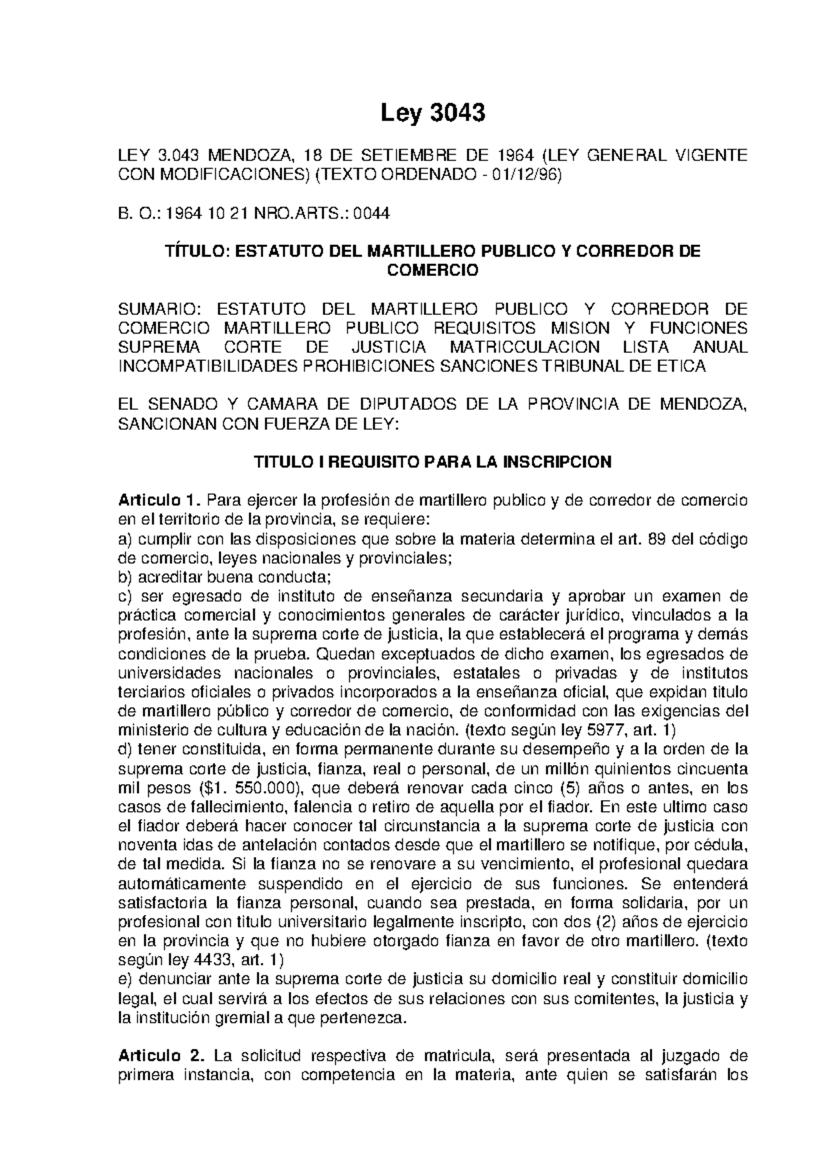 Ley 3043 Mendoza: Estatuto del Martillero Público y Corredor de ...