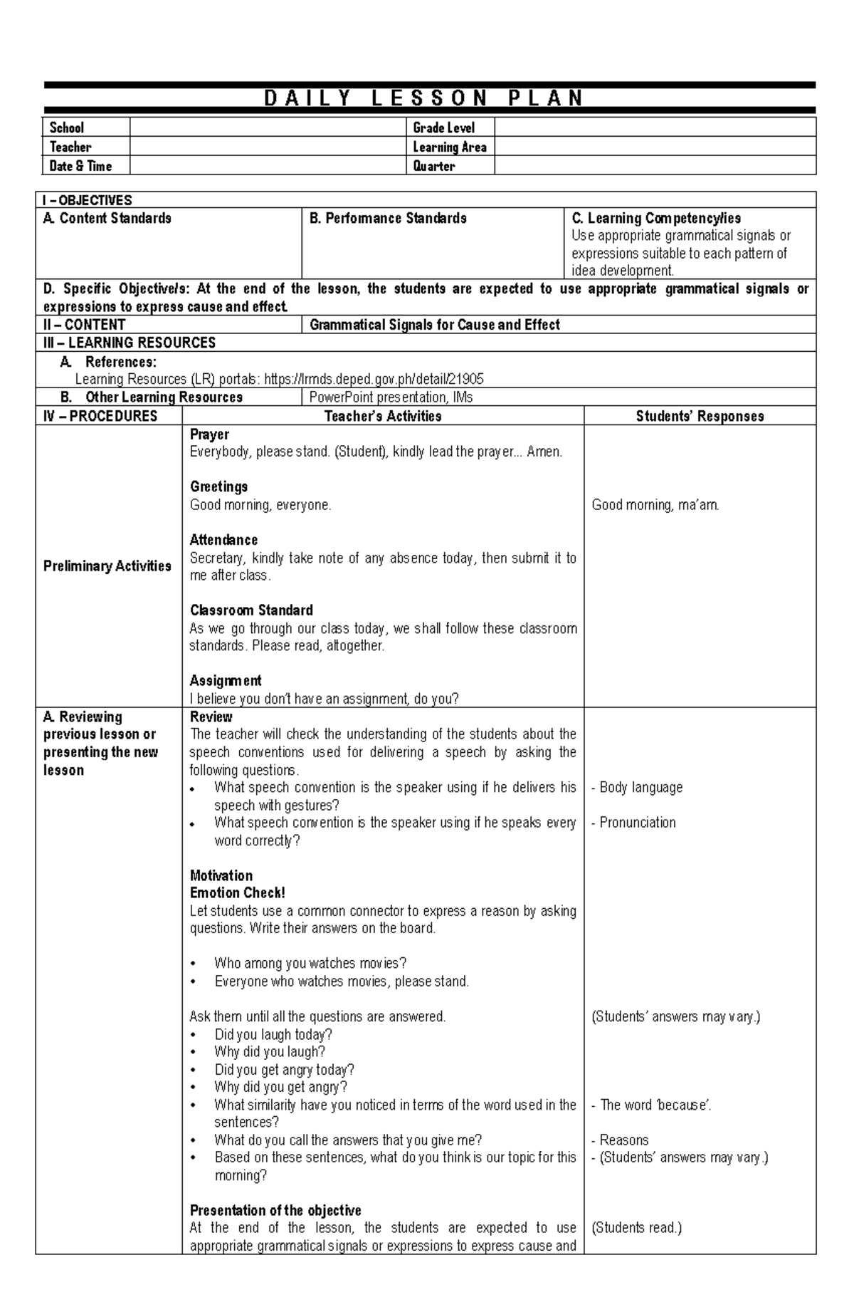 English 8: Daily Lesson Plan on Grammatical Signals for Cause & Effect ...