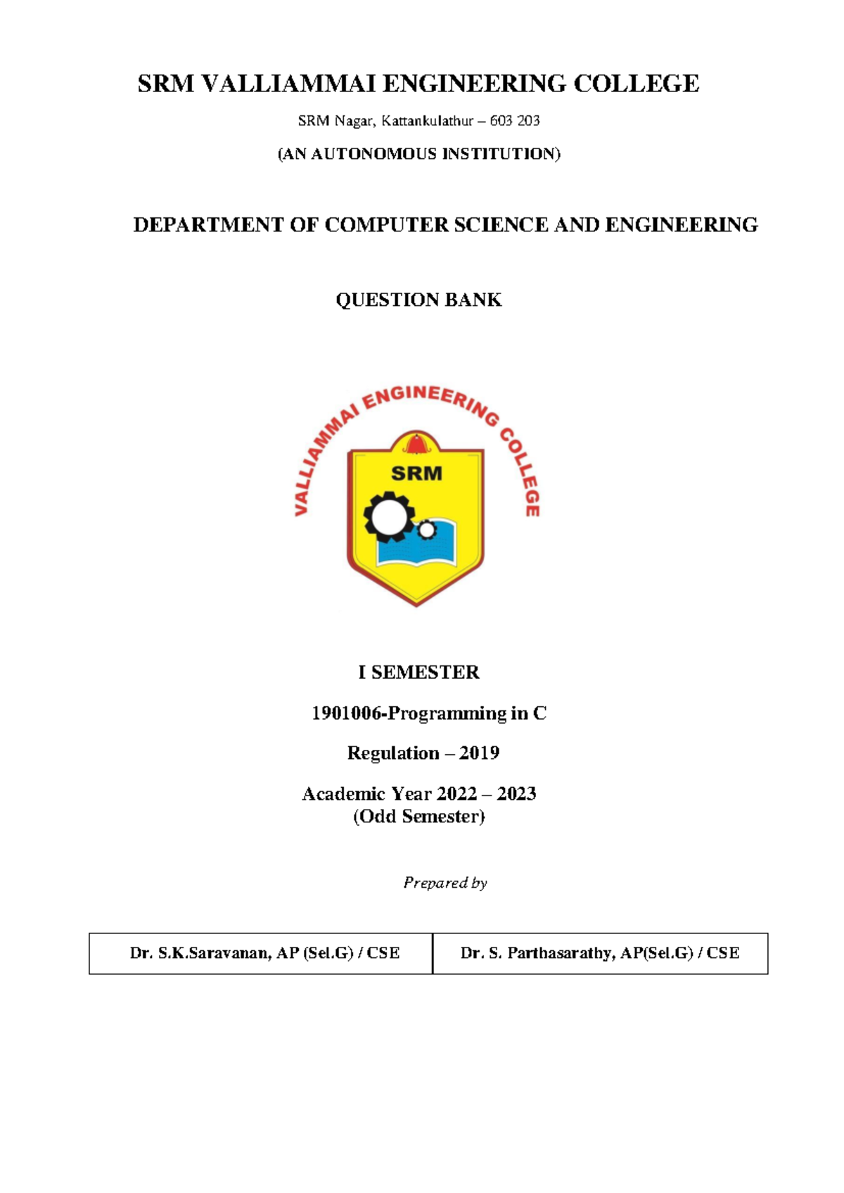 1901006 - Programming in C Question Bank for First Semester - Studocu