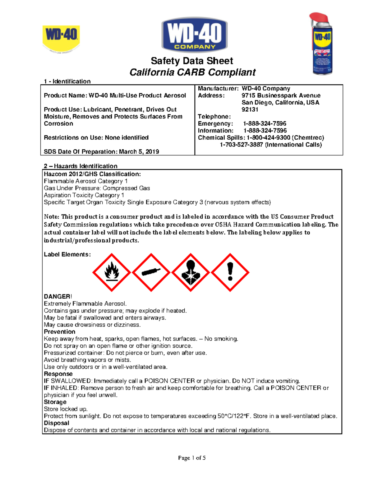 WD-40 Multi-Use Aerosol Product Safety Data Sheet (SDS) GHS - Studocu