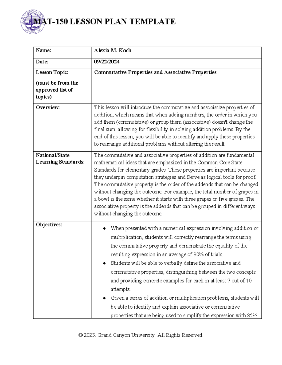 MAT-150 Lesson Plan Template - Name: Alexia M. Koch Date: 09/22/ Lesson ...