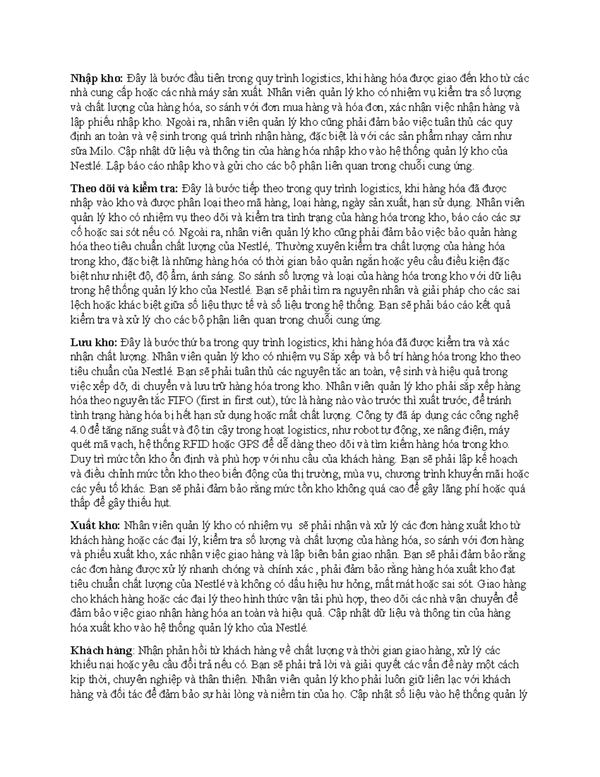 Quy trình logistics Nestle với sản phẩm sữa Milo là quá trình vận chuyển sữa Milo từ nhà máy đến ...