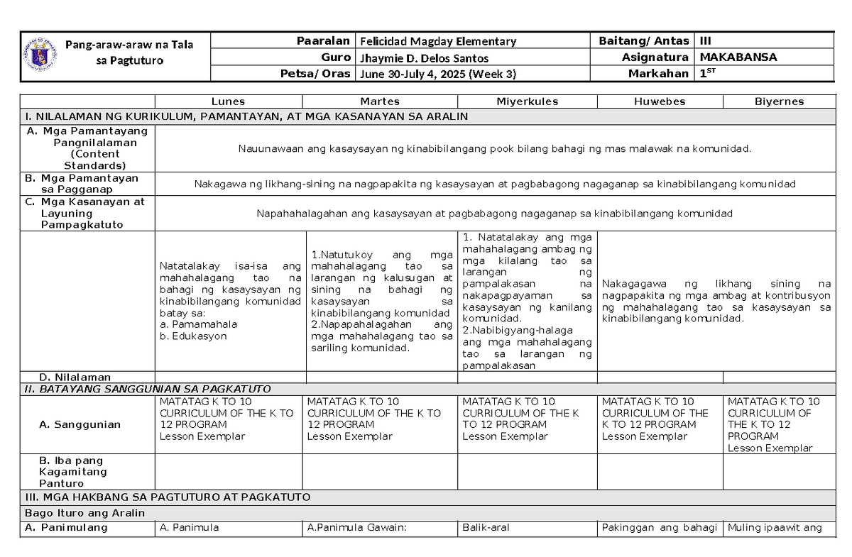 Q1 MAKABANSA DLL WEEK 3: Mga Mahahalagang Tao sa Komunidad - Studocu
