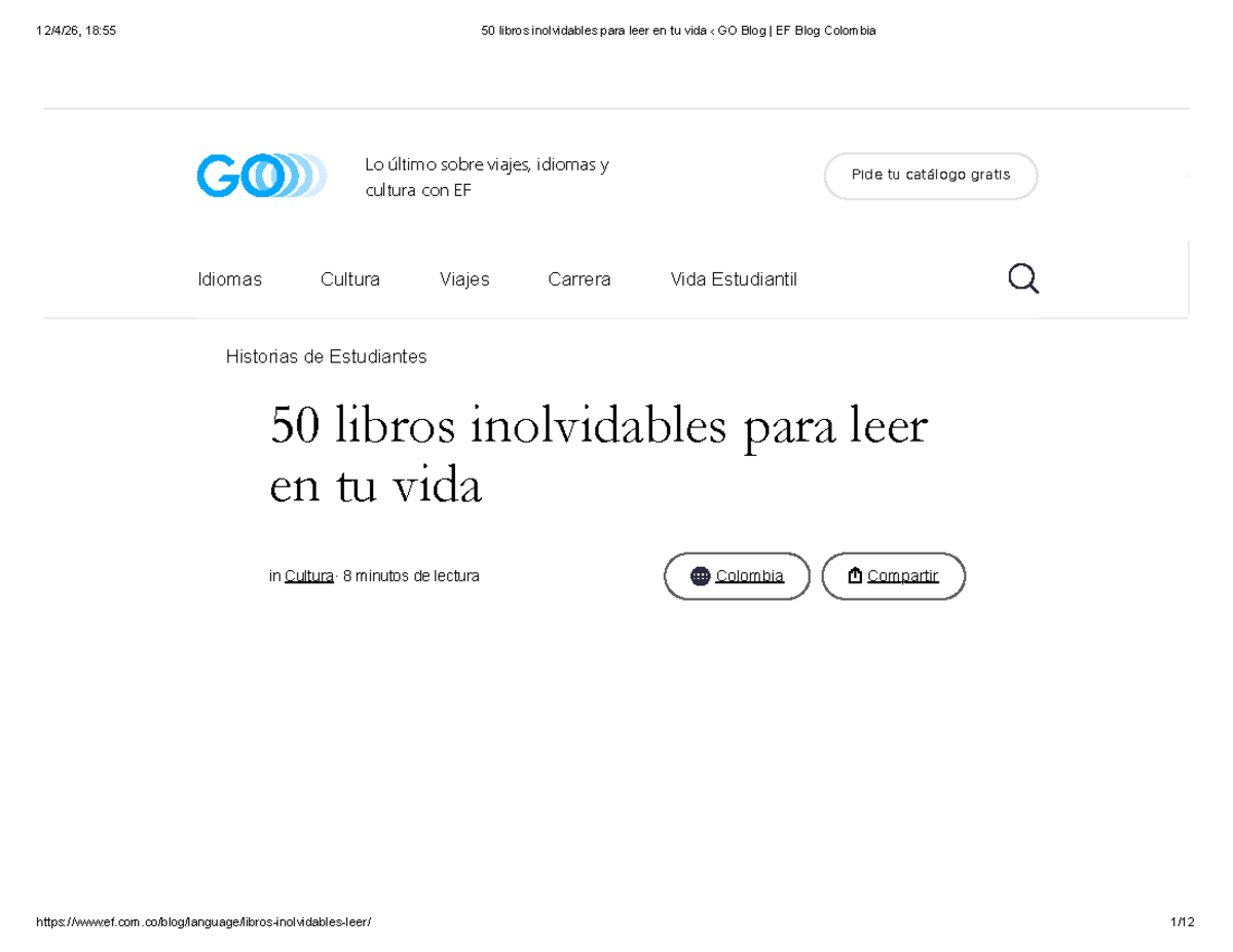 50 Libros Inolvidables para Leer en Tu Vida - GO Blog EF - Studocu