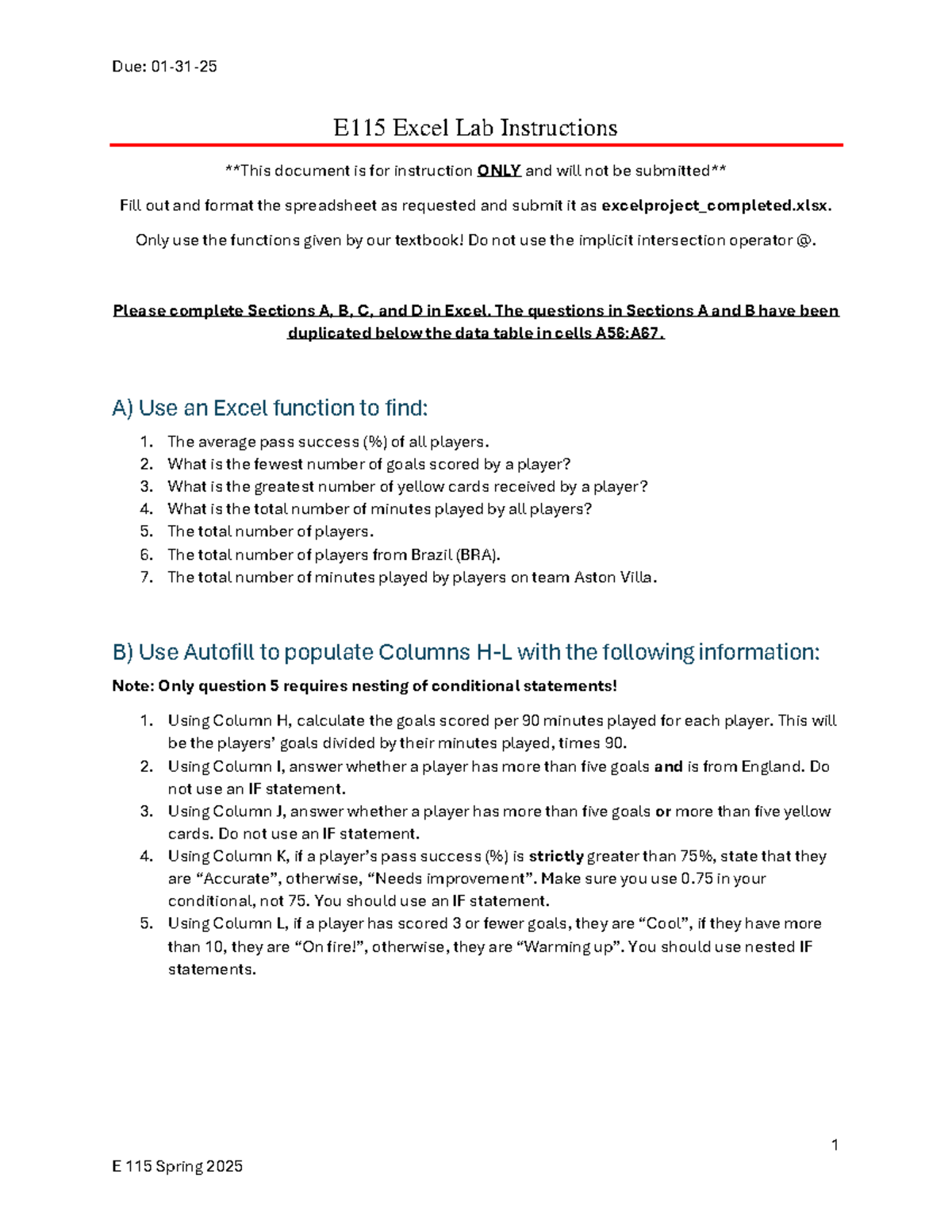 E115 Spring 2025 Excel Lab Instructions for Football Analysis - Studocu