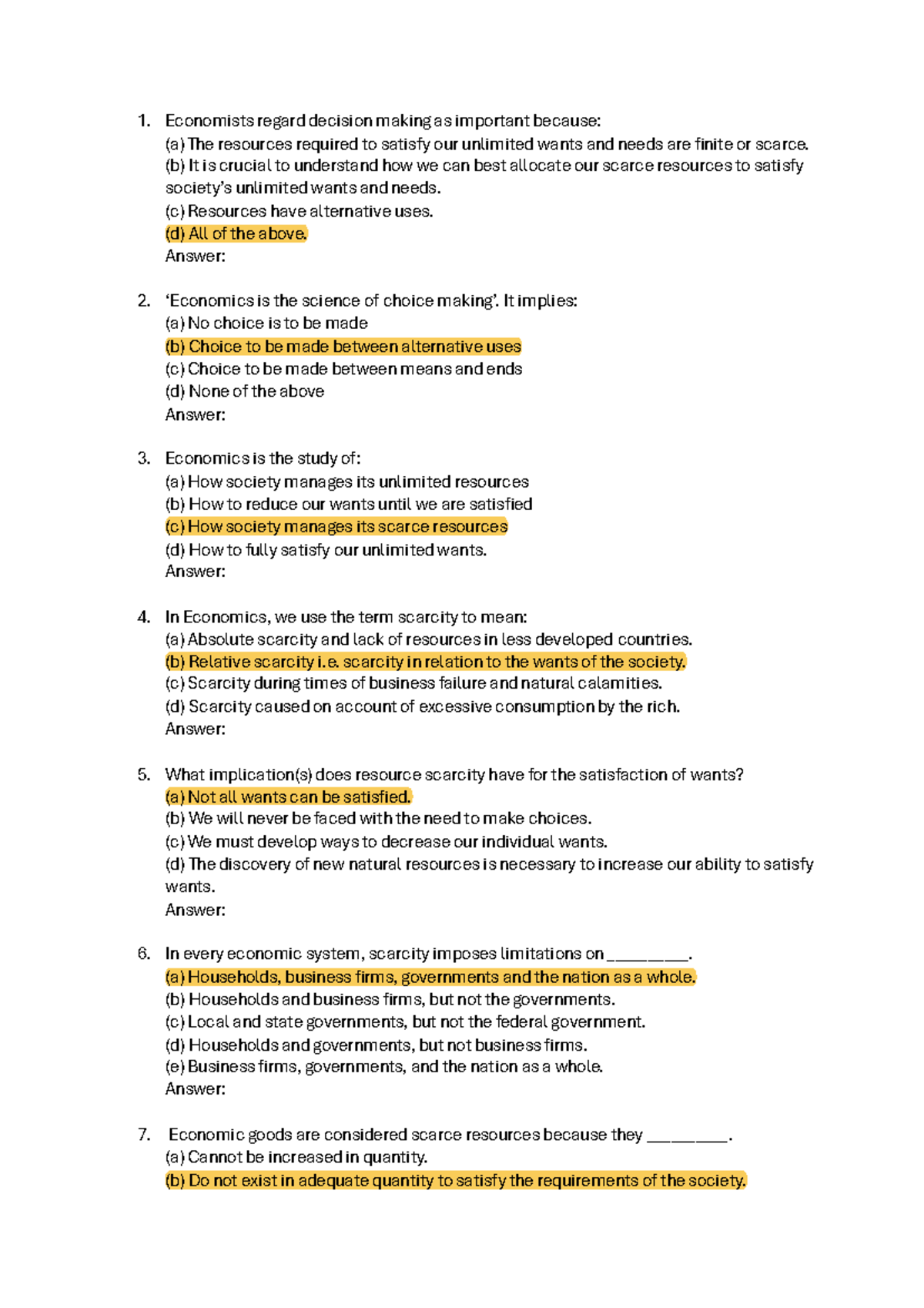 Module 1 Test MCQ - Economics Concepts and Decision Making - Studocu