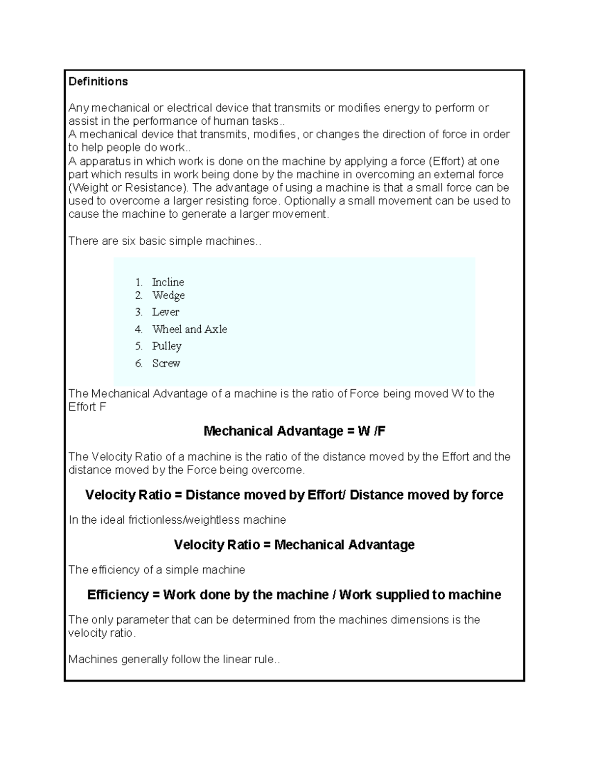 Velocity Ratios and Mechanical Advantage in Simple Machines - PHYSICS ...
