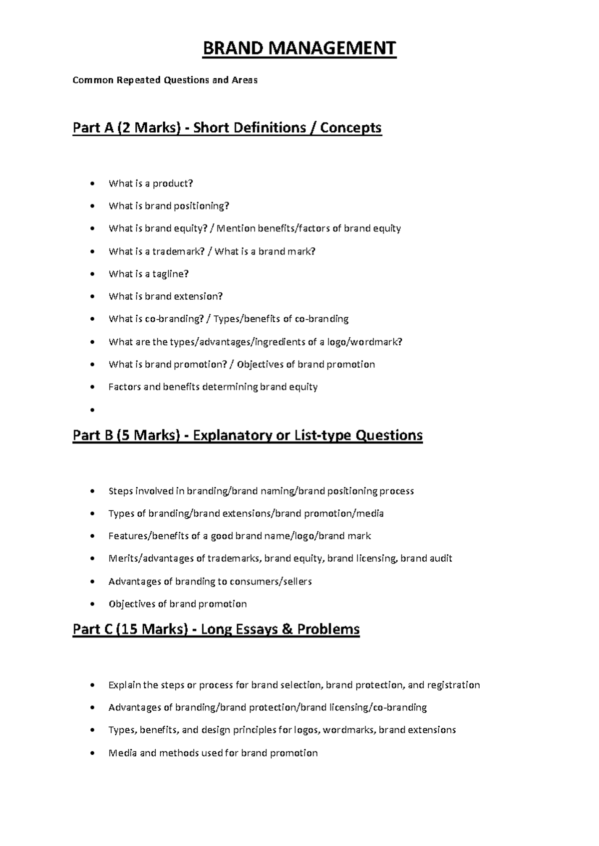BRAND MANAGEMENT Common Questions & Key Concepts Overview - Studocu